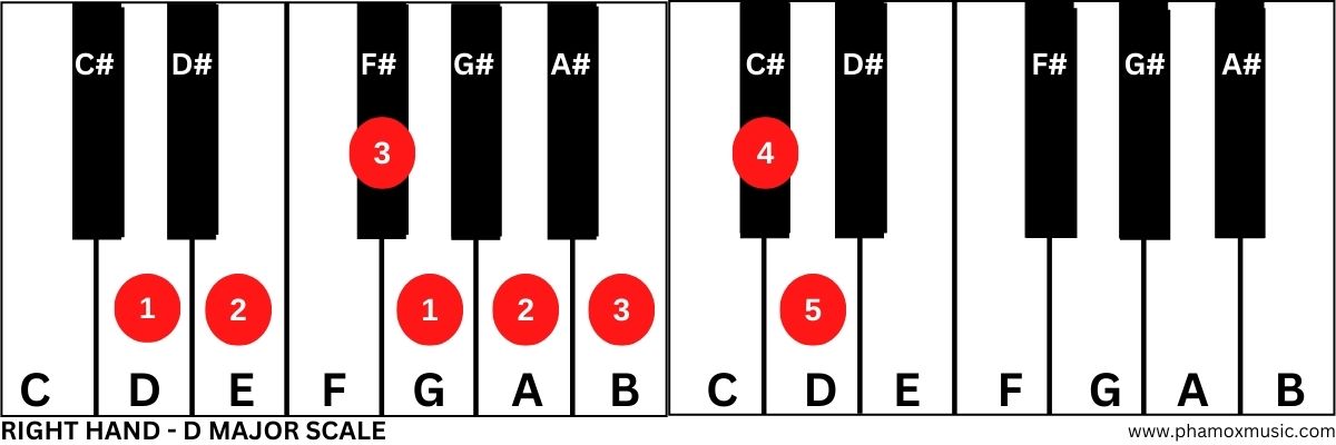How to play the D major scale on the piano - Phamox Music